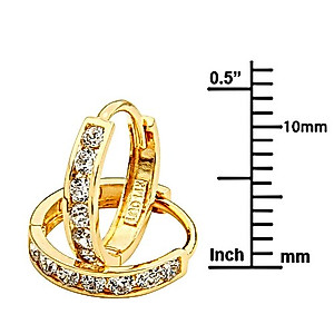 14k Yellow Gold 2mm Thickness CZ Channel Set Hoop Huggie Earrings (12 x 12 mm)