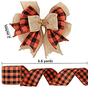 Pumpkin Orange and Black Gingham Buffalo Plaid Ribbon，Thanksgiving Fall Wired Edge Ribbon Halloween Christmas Wrapping Ribbon Wired Craft for Holiday Wrapping, Bow Crafts Decoration