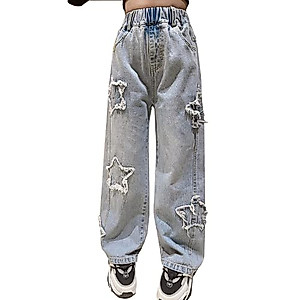 YaYabroe Girls Baggy Jeans Casual Wide Leg Denim Pants Jeans Kids Clothes Size 5-14 Years (Blue Star Patch, 10-12)