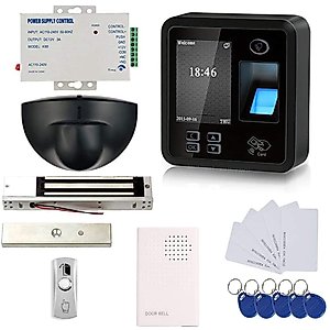 Biometric Fingerprint Security Access Control Systems with 600lbs Magnetic Lock,Exit Motion Sensor,Metal Exit Button with Base,110V-240V Power Supply Unit,Wired Doorbell,RFID Cards & RFID Key Fobs