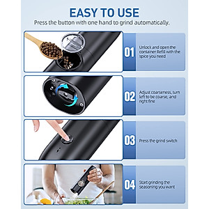 Electric Salt and Pepper Grinder Set - Usb Rechargeable - Automatic Pepper Mill Shaker - Large Capacity - Adjustable Coarseness - Led Light - One Hand Operated, 2 Pack