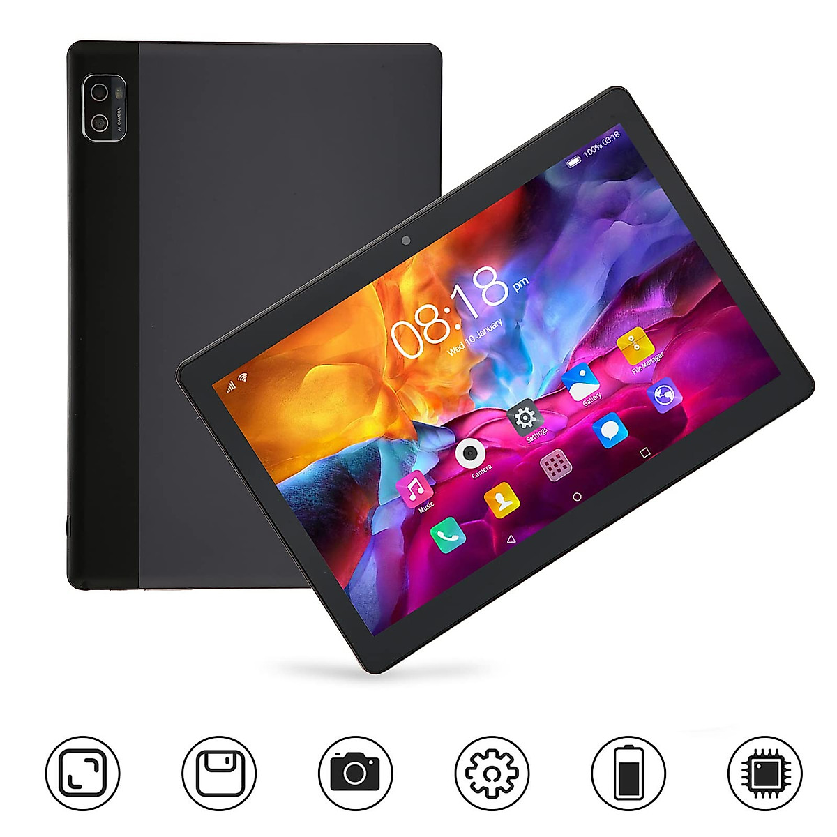 ANGGREK 10.1in Tablet for Android12 5G WiFi 6GB 128GB Front 200W Rear 500W 1960x1080 IPS 10 Core 8800mAh Calling Tablet 100240V Black