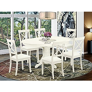 East West Furniture Avon 7 Piece Set Consist of an Oval Dinner Table with Butterfly Leaf and 6 Faux Leather Dining Room Chairs, 42x60 Inch, Linen White