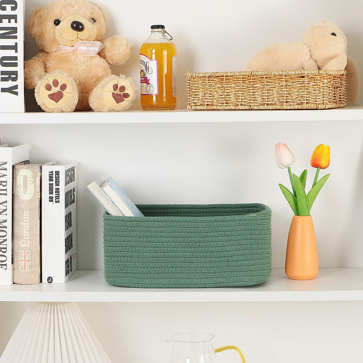 MiniArk Small Storage Basket for Shelves | Closet Bins for Organizing | Cube Storage Bin | Cotton Rope Baskets | Woven Basket | Toy Basket | Soft Baby Basket | Cute Decorative Basket | 3 Packs Green