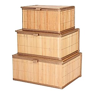 Bamboo Decorative Storage Boxes With Lids - Nesting Rectangular Lidded Box for Organization - Stackable Basket with Cloth Liner - Organizer for Toys, Home, Office - Woven Basket - Set of 3
