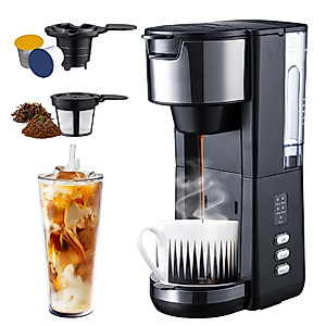 Hot and Iced Coffee，Maker for K Cups and Ground Coffee，with 30Oz Removable Water Reservoir, 4-5 Cups Coffee Maker and Single-serve Brewers, 6 to 14Oz Cup Size,2 filters, Fits Travel Mug,Black
