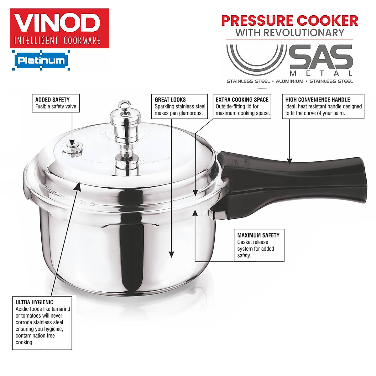 Vinod Platinum Triply SS Pressure Cooker 5.0ltr