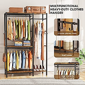 TARKARI Free Standing closet organizer Heavy Duty clothes closet garment iron and wood Wardrobe with rod clothing racks for hanging clothes rack with shelves