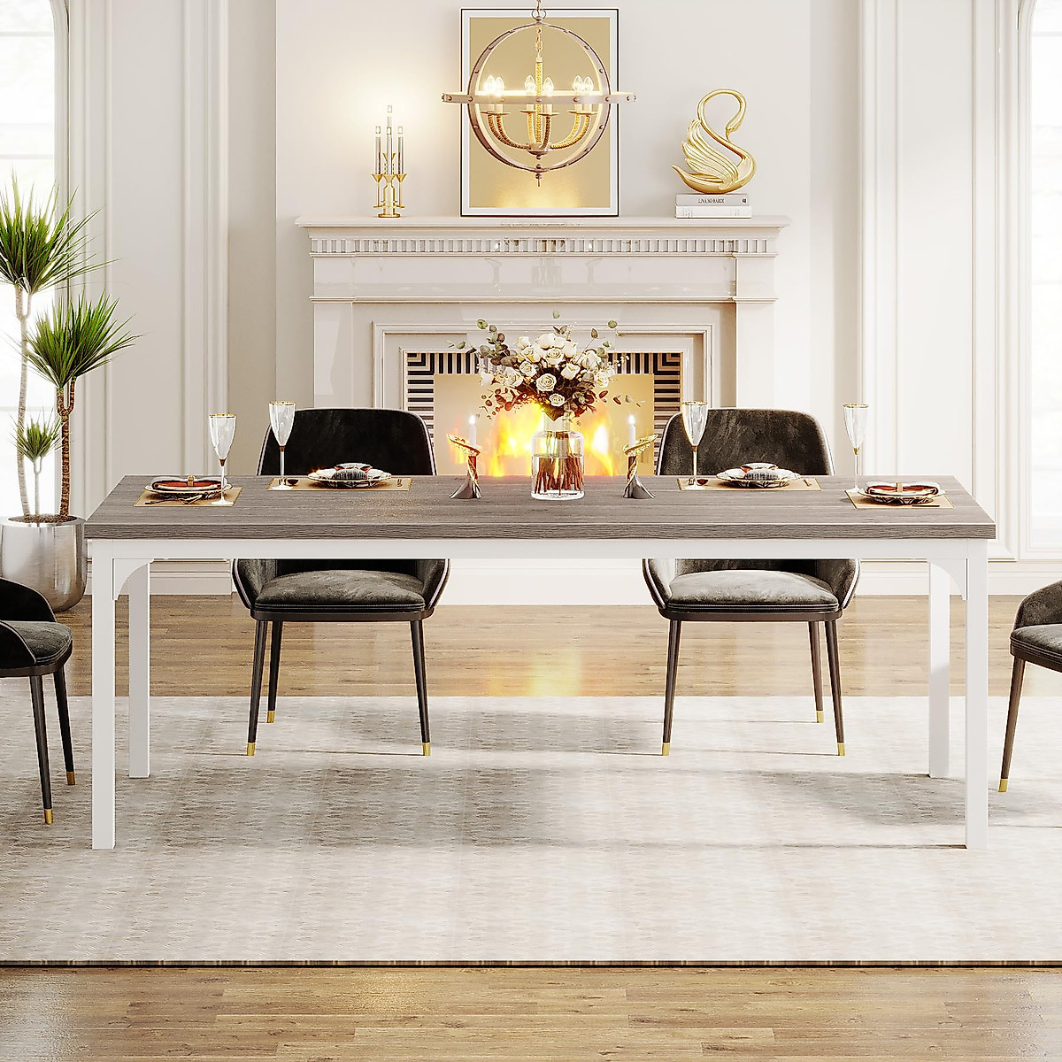 Tribesigns Farmhouse Dining Table for 6-8, 70.9 Inch Rectangular Wood Kitchen Table with Heavy Duty Metal Legs, Industrial Dinner Table for Dining Room, Living Room, Grey and White