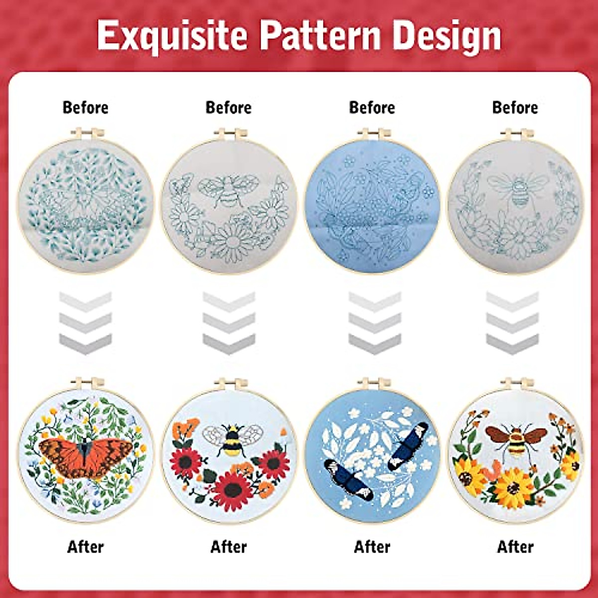 Embroidery Kit for Beginners, Butterfly Bee Flower Embroidery Starter Kit for Adults, 4 Sets Cross Stitch Practice Kits for Craft Lover, Including 4 Embroidery Hoop, Colored Threads and Needles