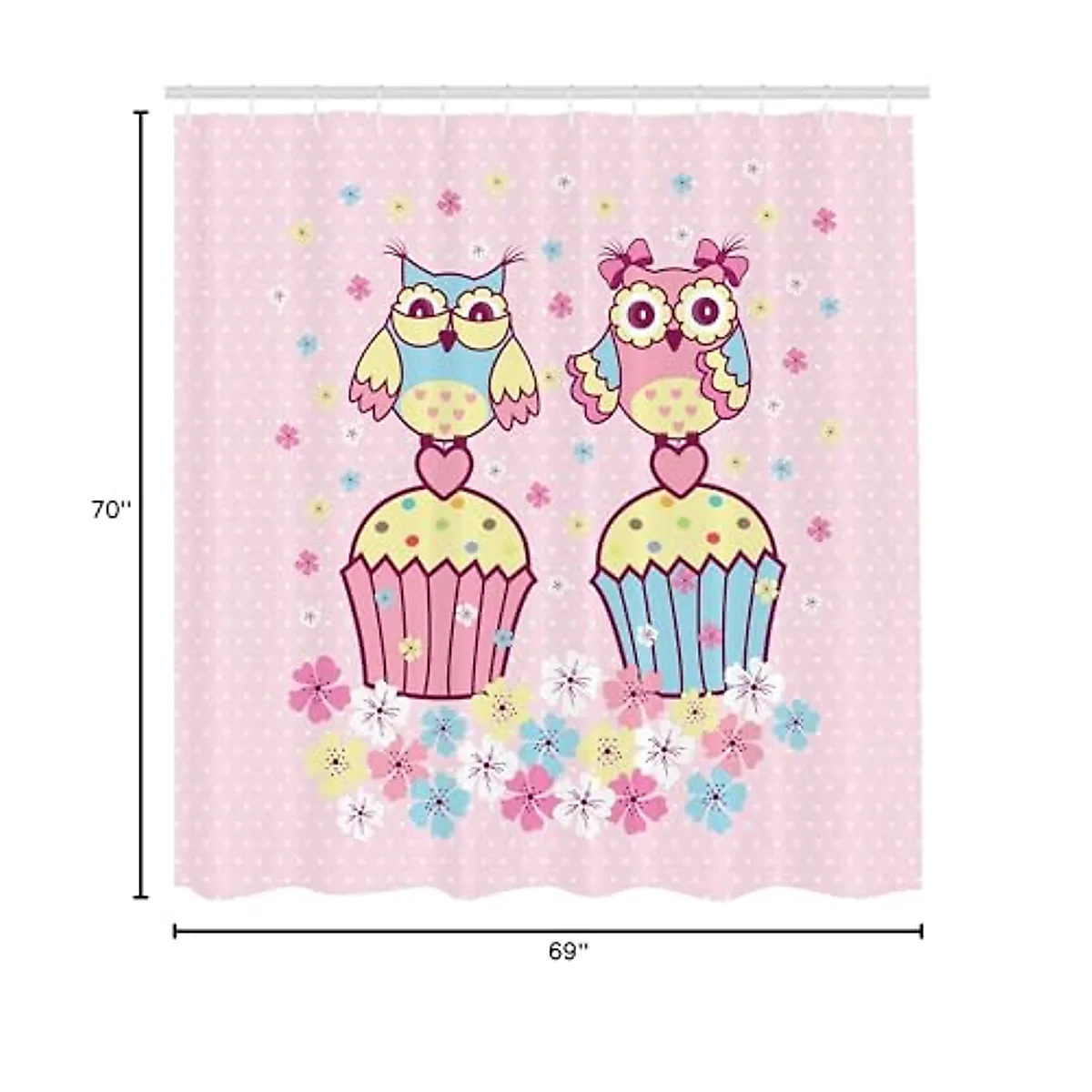 Ambesonne Owls Shower Curtain, 2 Owl Couples on Cupcakes Springtime Happiness Romantic Art, Cloth Fabric Bathroom Decor Set with Hooks, 69" W x 70" L, Pale Pink Sky Blue