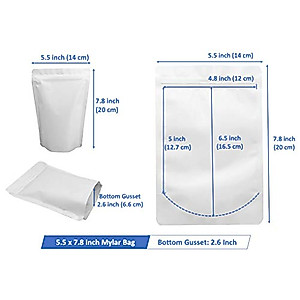 100 Pack Matte White Mylar Stand Up Bags - 5.5x7.8 Inches Resealable Smell Proof Packaging Pouch, Sealable Foil Bags for Food Storage, Sample Pouches