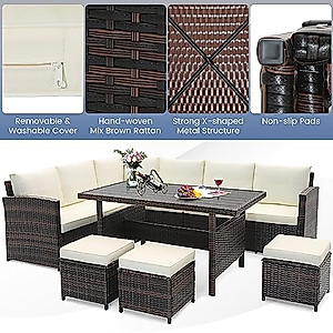 Tangkula 7 Pieces Wicker Patio Furniture Set, Rattan Sofa with Coffee Table, Ottomans & White Cushions, Sectional Conversation Sofa Set for Porch, Poolside, Balcony Yard Garden (White)