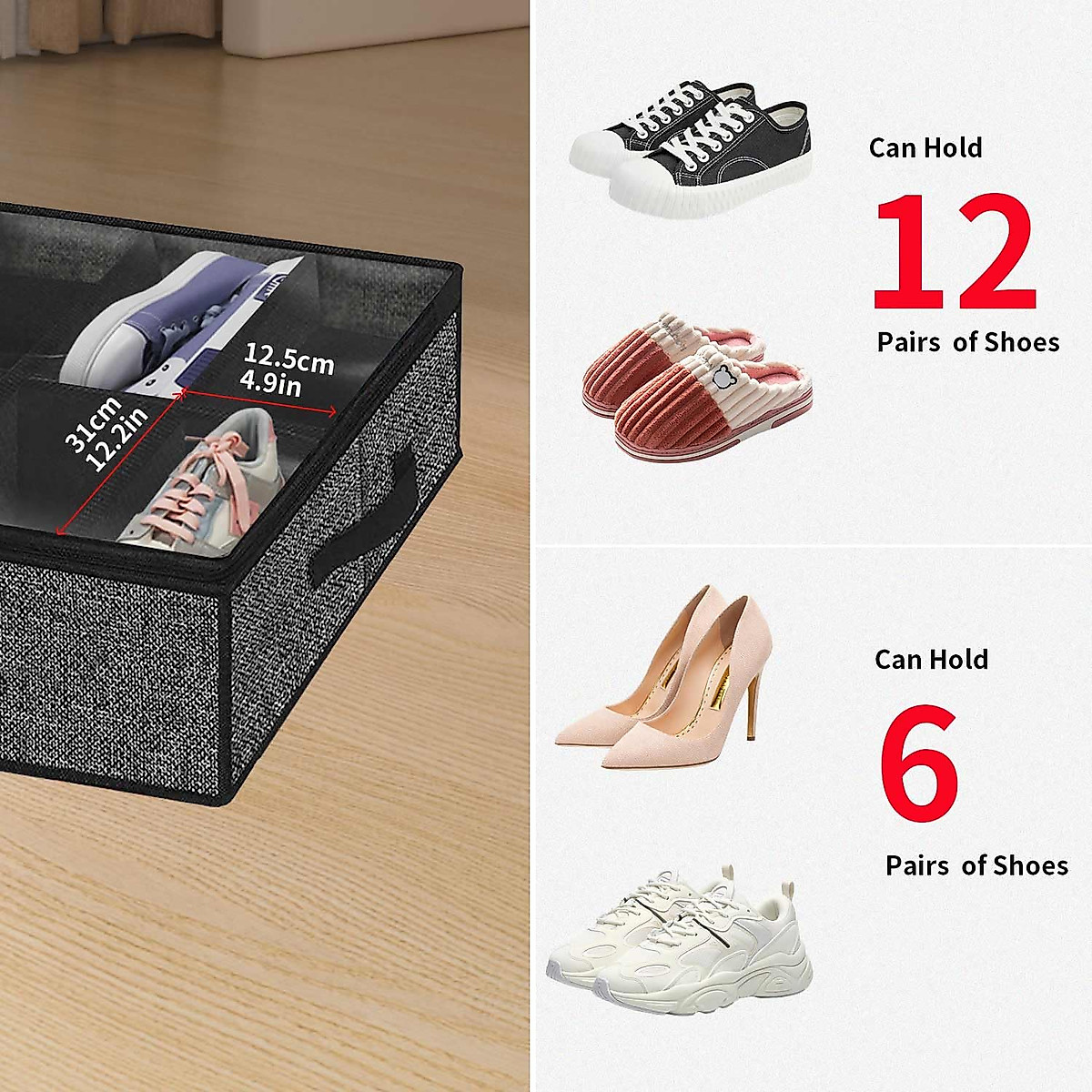 Onlyeasy Sturdy Under Bed Shoe Storage Organizer, Set of 2, Fits Total 24 Pairs, Underbed Shoes Closet Storage Solution with Clear Window, Breathable, 29.3"x23.6"x5.9", Linen-like Black, MXAUBSB2P