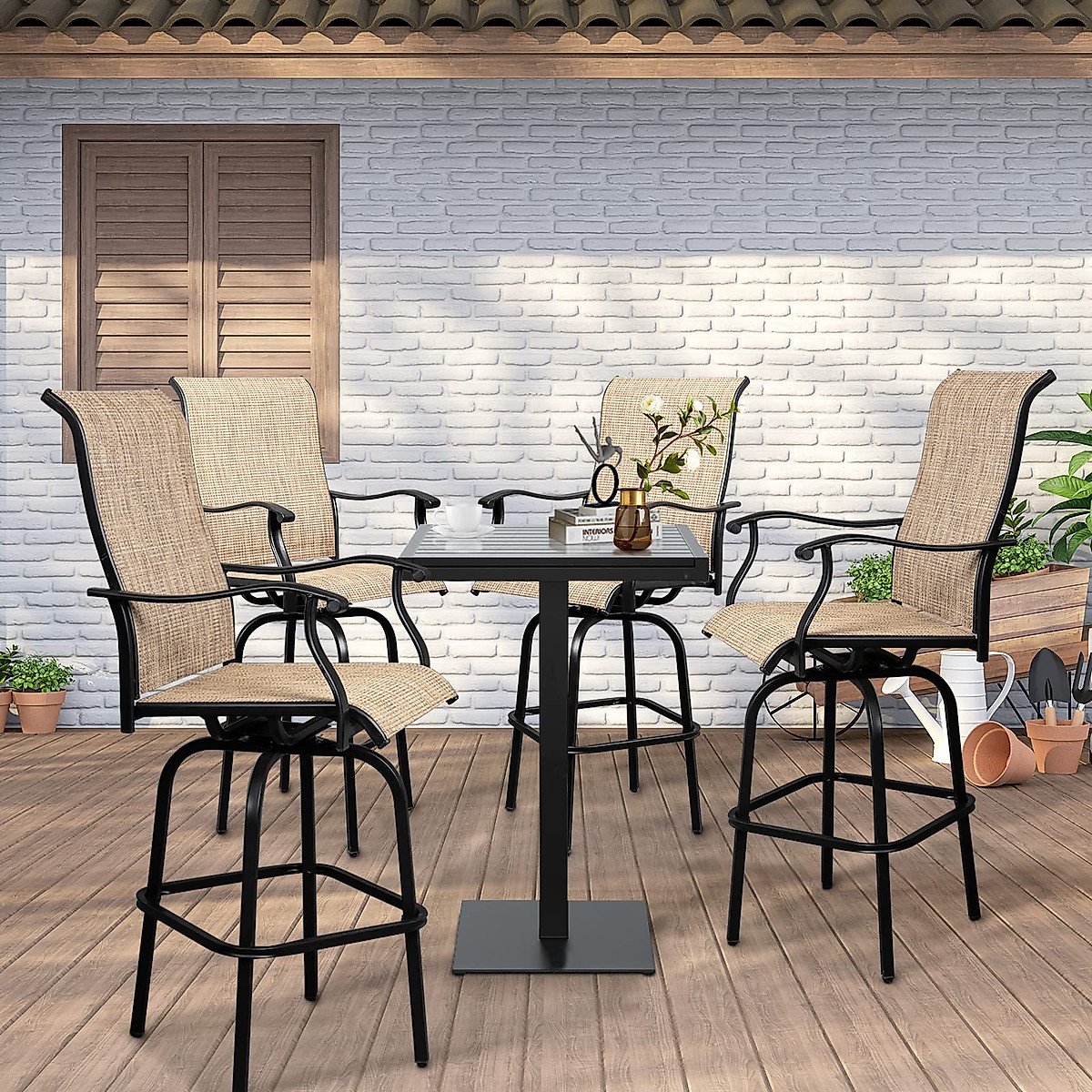VINGLI 2 Pieces Outdoor Swivel Bar Stools, Patio Metal Bar Chairs Set of 2, All-Weather Bar Height Outdoor Chairs for Outside, Yard, Lawn, Poolside and Garden (2 Chairs, Brown)