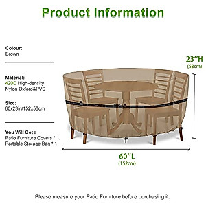 Round Outdoor Furniture Cover,Waterproof Patio Furniture Cover, Tear-Resistant, Durable Windproof Dustproof Outdoor Cover for Garden,152x58cm,Yellow…, Khaki