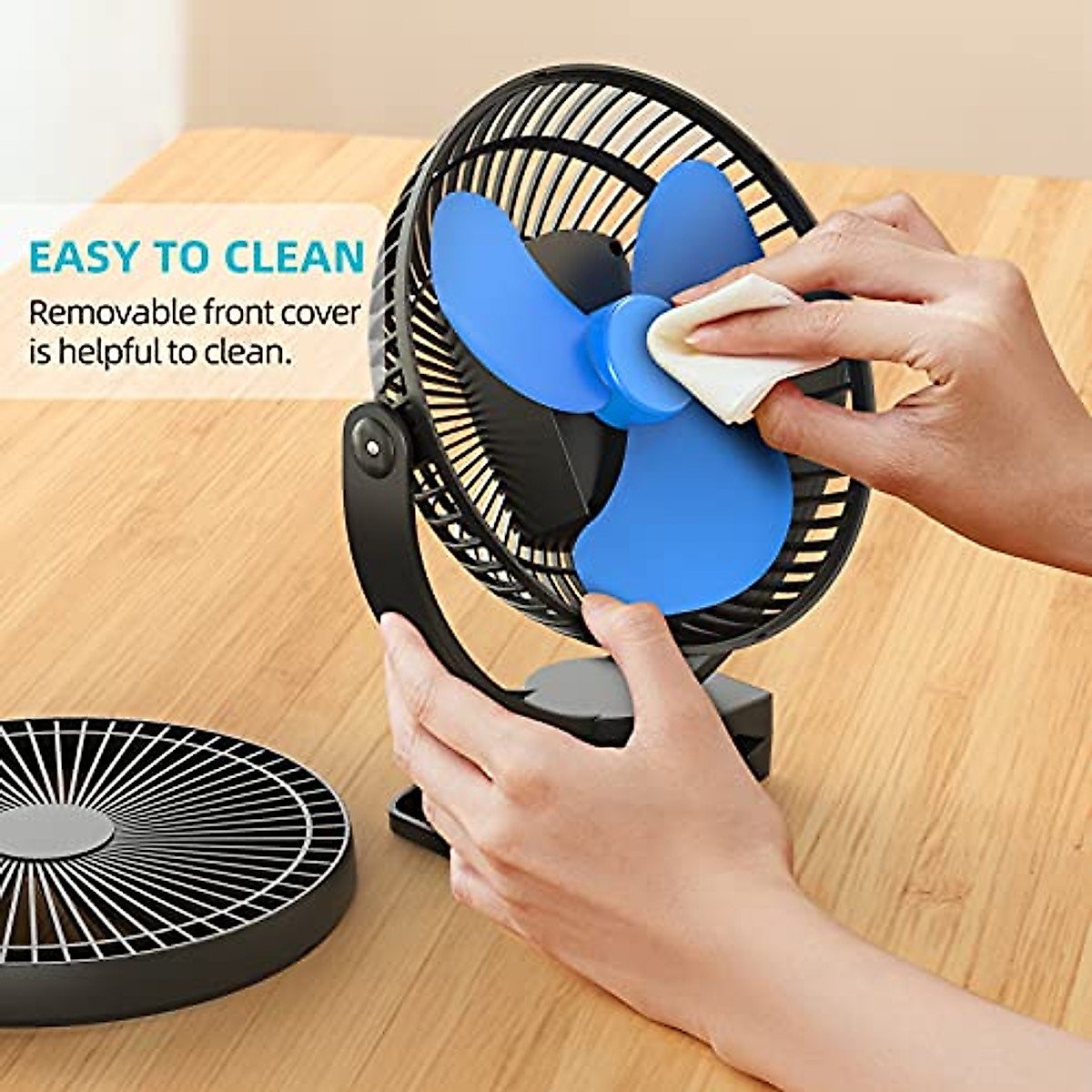 10000mAh 8-Inch Rechargeable Battery Operated Clip on Fan, 4 Speeds Fast Aiflow USB Fan, Sturdy Clamp Portable for Outdoor Camper Golf Cart or Indoor Gym Treadmill Personal Office Desk - Blue