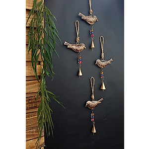 Mie Creations Sparrow Décor, Metal Birds Carved Wings, Feather (Set of 4) | Wildlife Wall Art Hanging, Garden Miniature Ornaments for Crafts, Home | Rustic Gold Bird Figurines with Jingle Bells-4.5''