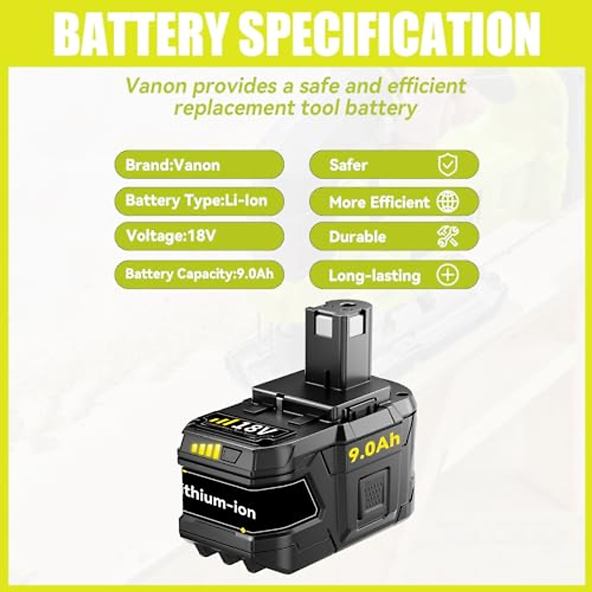 VANON Replacement for Ryobi 18V Battery 9.0Ah Lithium ion 18 Volt Batteries Replacement for Ryobi One 18V Cordless Tools P102 P107 P105 P104 P103 P108 1Pack.