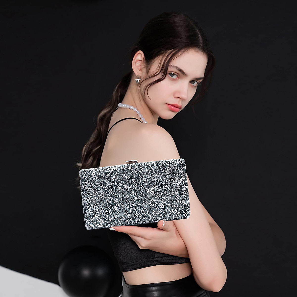 ERCULER Topfive Women Sparkling Grey Clutch Purse Elegant Glitter Evening Bags Bling Evening Handbag for Dance Wedding Party Prom Bride