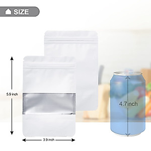 TOCKONIMN Stand-up Pouch Smell-Proof Edible Bag Packaging for Food-Storage 100 Pack Resealable Containers for Candy Products Heat Sealable Ziplock Bags with Clear Window (3.9"x5.9", white)