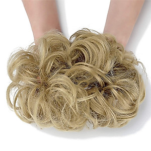 Messy Bun Hair Extension for Women,Curly Wavy Synthetic Hairpieces,Ash Blonde Chignon,Thick Natural Hair Accessories Ponytail Scrunchies Updo(22-613#,2Pcs)