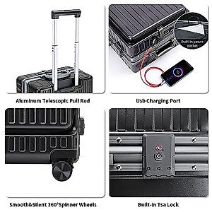CAARANY Airline Approved Carry On Luggage With Front Pocket,20 Inch Aluminum Frame Luggage With Usb Charging Port,Pc Hard Case Travel Suitcase With Spinner Wheels And Tsa Lock（Black）