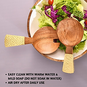 Folkulture Salad Hands or Salad Servers, Set of 2 Salad Claws for cooking, Kitchen Utensils or Serving Spoons, Wooden Salad Tongs 8 X 4 Inch Spoon and Fork Set (Acacia Wood with Hammered Brass)