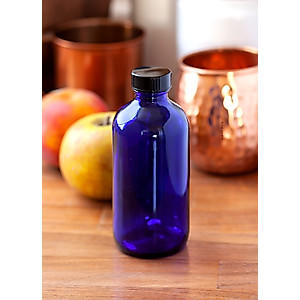 JUVITUS 8 oz Cobalt Blue Glass Boston Round Bottle with Black Phenolic Cone Lined Caps (4 Pack)