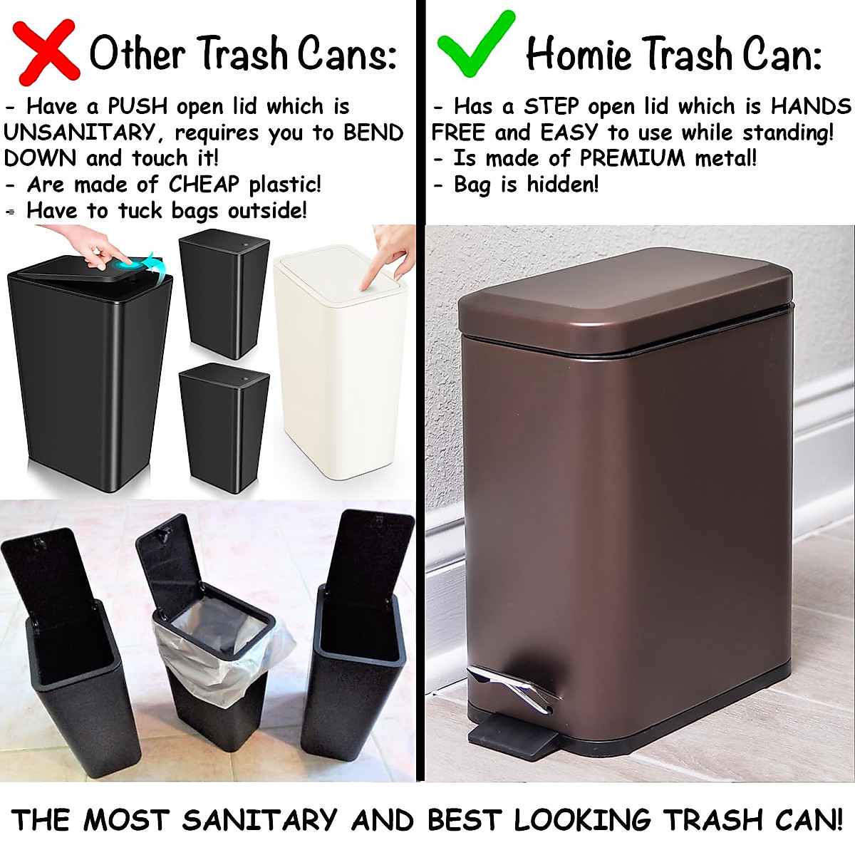 Homie Soft Close, Rectangular Trash Can 5L with Anti - Bag Slip Liner and Lid, Use as Mini Garbage Basket, Slim Dust Bin, or Decor in Bathroom, Restroom, Kitchen, or Bedroom (Bronze)
