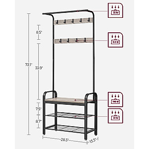 VASAGLE Coat Rack, Hall Tree with Shoe Bench for Entryway, Entryway Bench with Coat Rack, 4-in-1, with 9 Removable Hooks, a Hanging Rod, 13.3 x 28.3 x 72.1 Inches, Greige and Black UHSR40MB