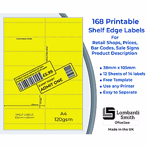 OfficeGear Yellow Shelf Edge Labels [168 Pack] 38x105mm Printable A4 Card 14 Perforated Labels/Sheet for Retail Barcodes, Price Stickers, Point of Sale, Product Info, Shelf Promotions Incl Template
