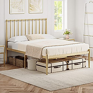Amyove Gold Bed Frame Full Size Bed Frame with Modern Headboard, Platform Bed 14 Inches Metal Mattress Foundation for Storage, No Box Spring Needed, Easy Assembly, Gold