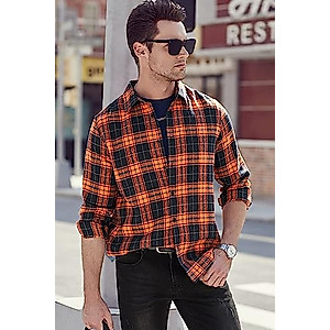 JMIERR Mens Flannels Long Sleeve Cotton Shirts Casual Fall Fashion Button Up Plaid Dress Shirt, US 46(XL), Burnt Orange