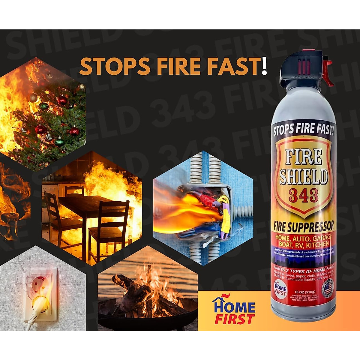 Fire Shield 343 - Home & MOBILE Use Aerosol Fire Suppressant Spray Foam Eliminates Gasoline, Kitchen Grease, Oil, Wood Fires. For Garage, House, Camping, RV & More