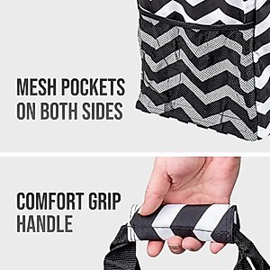 Lucazzi Extra Large Utility Tote Bag - Oversized Collapsible Reusable Wire Frame Rectangular Canvas Basket With Two Exterior Pockets For Beach, Pool, Laundry, Car Trunk, Storage - Chevron Black