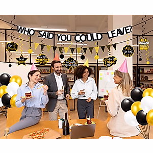 Black and Gold Goodbye Party Decorations - Farewell Decor Balloons + "Who Said You Could Leave" Banner + Hanging Swirls + Cupcake Topper Going Away Supplies