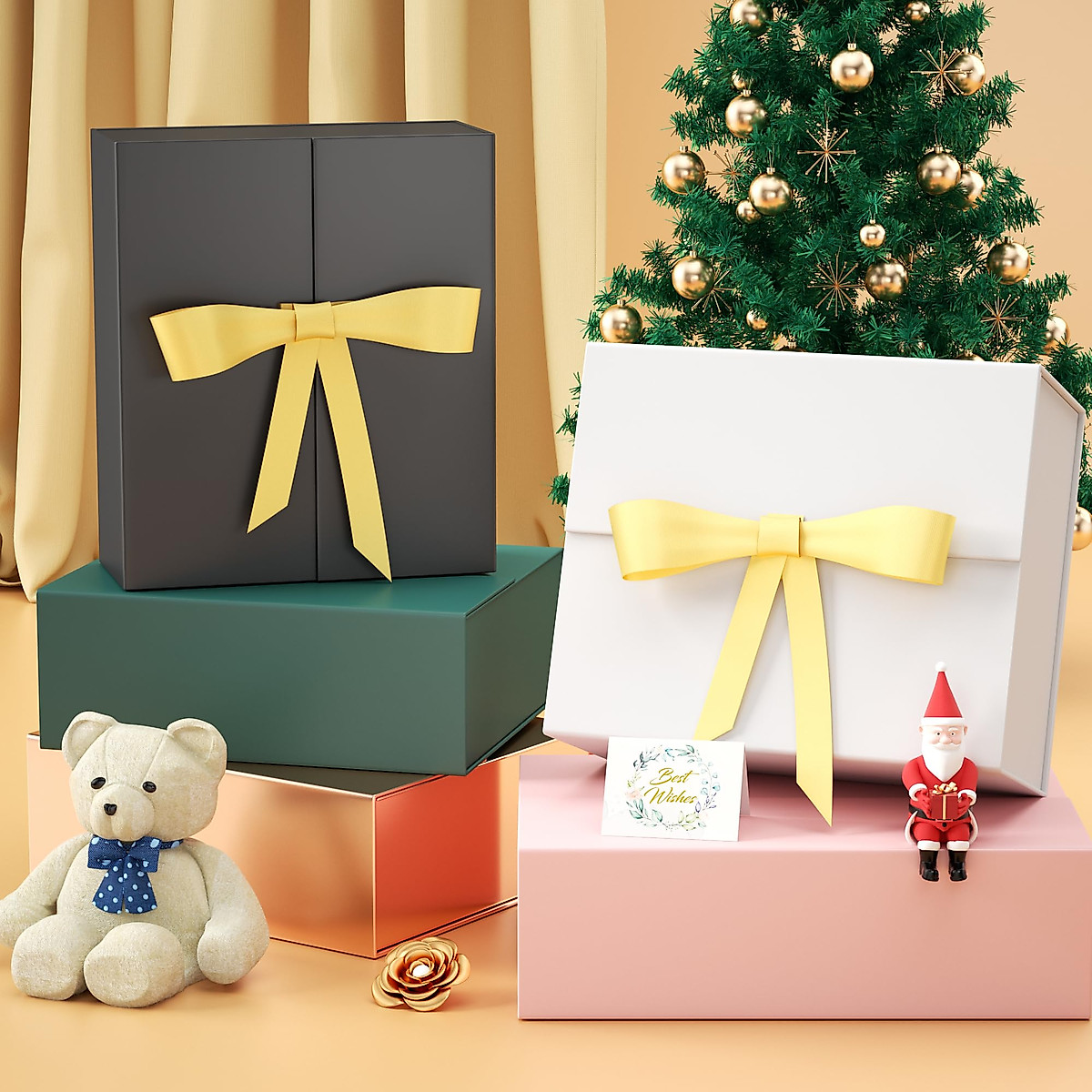 RYDDOY Black Gift Box with Ribbon,13x9x4'' Large Gift Boxes for Presents with Lids and Bow Magnetic Closure Collapsible for Groomsman Proposal Box, Wedding, Christmas, Anniversary, Birthday Gift Packging