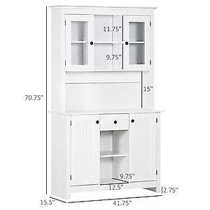 HOMCOM Freestanding Rustic Buffet with Hutch, 4 Door Farmhouse Kitchen Pantry Cabinet, Microwave Stand with Beadboard Panel, Drawer and Adjustable Shelves, White