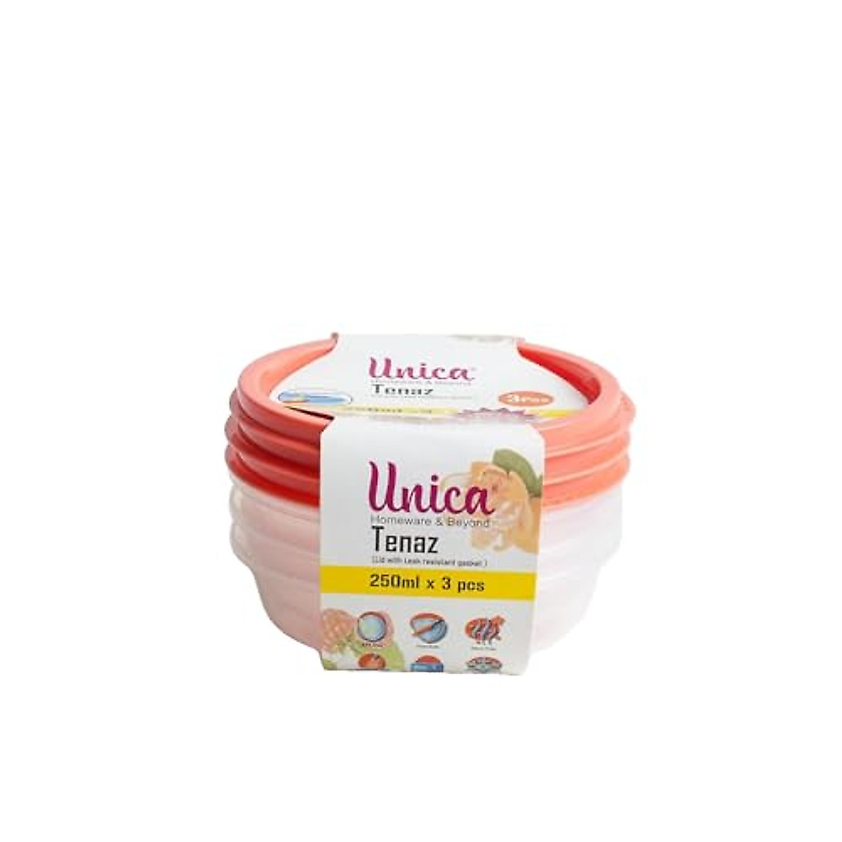 Unica Round Food Container, BPA-free Microwave Bowls with Lids, Airtight Container, Mixing Bowl Set, Freezer & Dishwasher Safe, Set of 3, Coral, 8 oz, 4.56x4.56x1.61 in