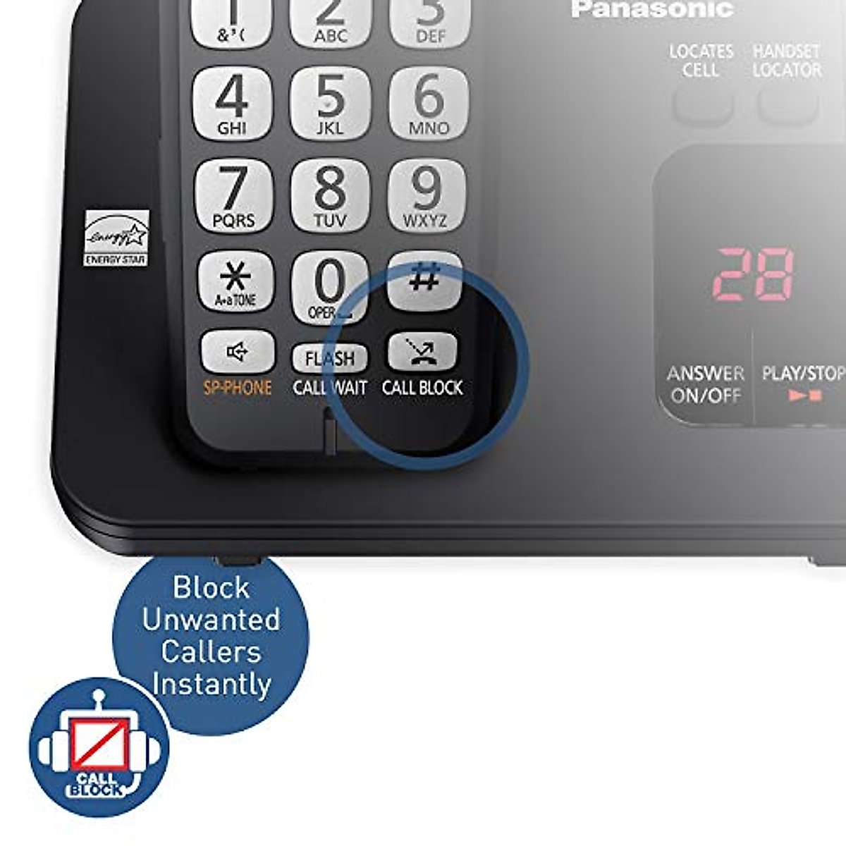 Panasonic DECT 6.0 Expandable Cordless Phone System with Answering Machine and Call Blocking - 3 Handsets - KX-TGE433B (Black)