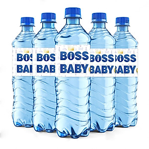 Ambishi 32 Pcs Boss Boy Water Bottle Labels, Boys 1st Birthday Party Decoration Stickers, Baby Shower/Gender Reveal Party Favors Water Bottle Decor Sign