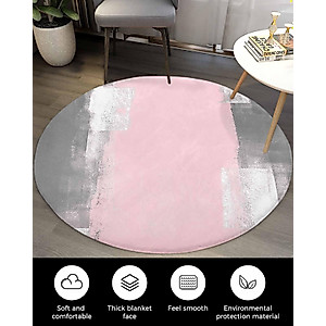 Contemporary Fluffy Round Area Rug Carpets 3.3ft, Plush Shaggy Carpet Soft Circular Rugs, Non-Slip Fuzzy Accent Floor Mat for Living Room Bedroom Nursery Pink Grey Abstract Minimalist Painting Art