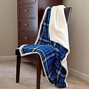 Lavish Home (Blue Reversible Plaid Fleece 50 x 60-Inch Machine-Washable Sherpa Throw – Cozy Blanket for Couch, Chair, or Bed, 50" x 60"