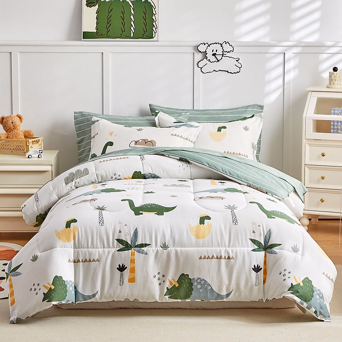 Joyreap Bed in a Bag Cotton, Dinosaur Theme Fresh Green, Twin Size 6-Piece Cotton Bedding Comforter Set for Kids Boys n Girls- 1 Comforter, 2 Pillow Shams, 1 Flat Sheet, 1 Fitted Sheet, 1 Pillowcase