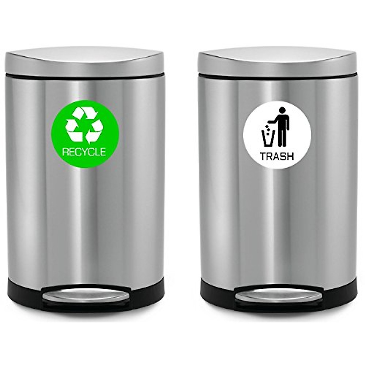 Recycle & Trash Stickers (2 Trash + 2 Recycle, Premium Quality) for Use on Trash Cans & Recycle Bins of All Types; 4" Round with Adhesive on Back (2 White Trash + 2 Green Recycle)