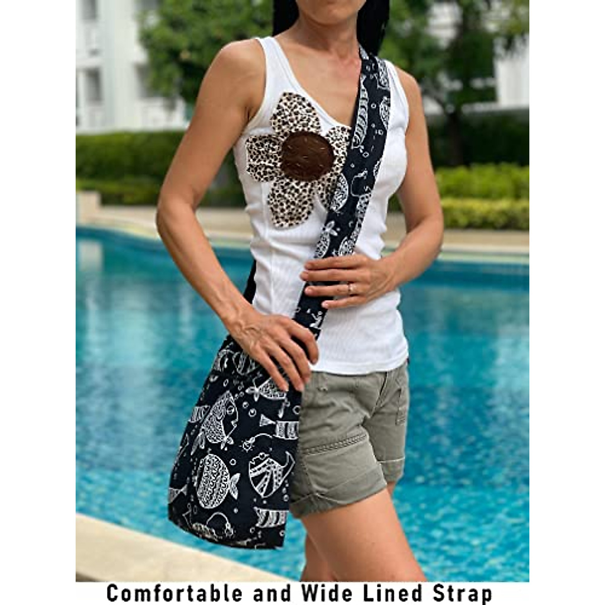 Fish Print Crossbody - Fully Lined with Front Zippered Pocket - Small Hobo Cotton Sling Messenger Bag - Black & White