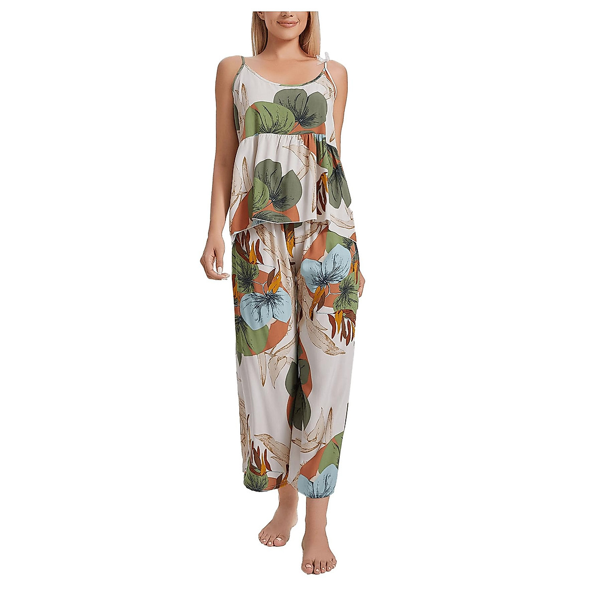 WDIRARA Women's 3 pcs Sleepwear Leaf Print Cami and Pants Pajama Set with Robe Multicolor S