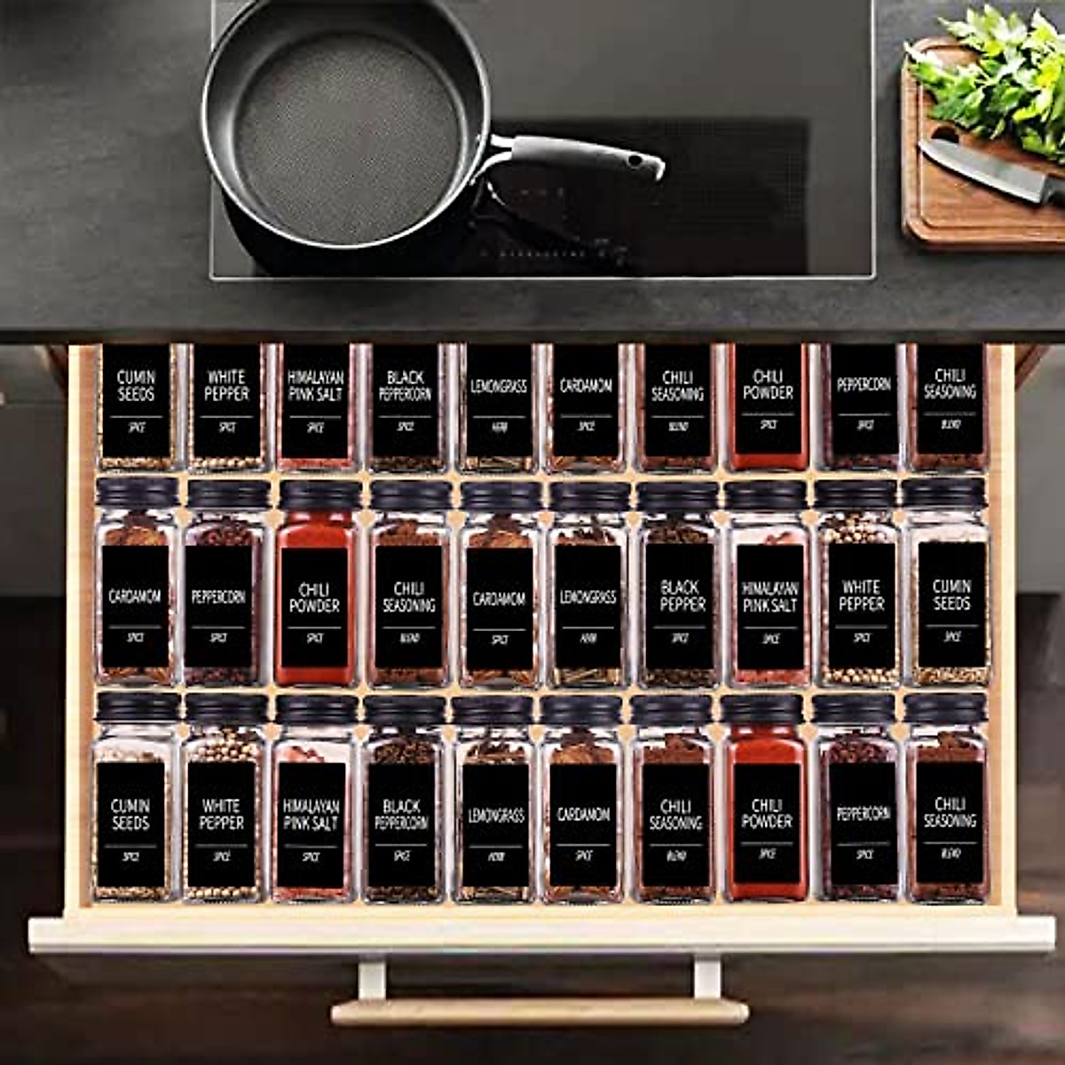 25 Spice Jars with 547 Labels- Glass Spice Jars with Black Metal Caps, 4oz Empty Spice Containers with Shaker Lids, Funnel, Chalk Pen, Churboro Square Seasoning Bottles for Spice Rack, Drawer, Cabinet