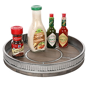 MyGift 12 inch Farmhouse Decorative Lazy Susan, Vintage Brown Wood and Galvanized Metal Turntable Display Tray
